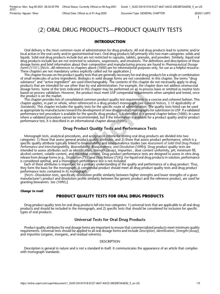 Oral Drug Product Quality Tests Guide | PDF | Tablet (Pharmacy ...
