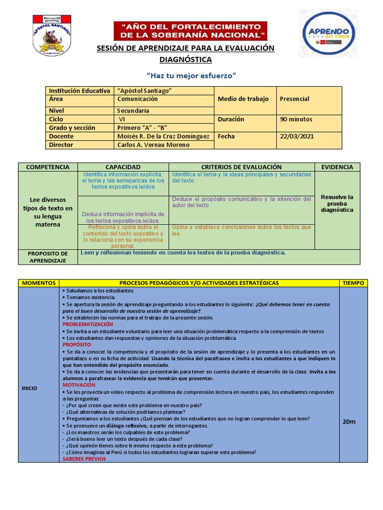 SESIÓN DE APRENDIZAJE - Evaluación Diagnostica | PDF | Evaluación | Aprendizaje
