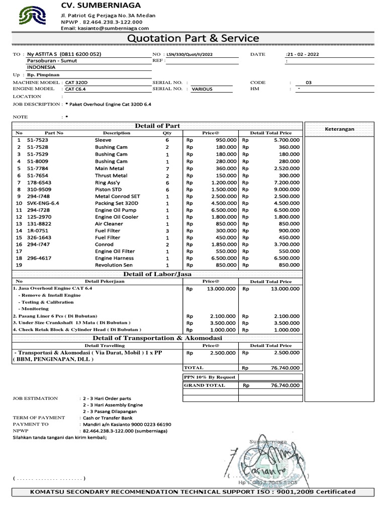 CAT 320D Engine Overhaul Quotation | PDF | Manufactured Goods | Vehicle ...