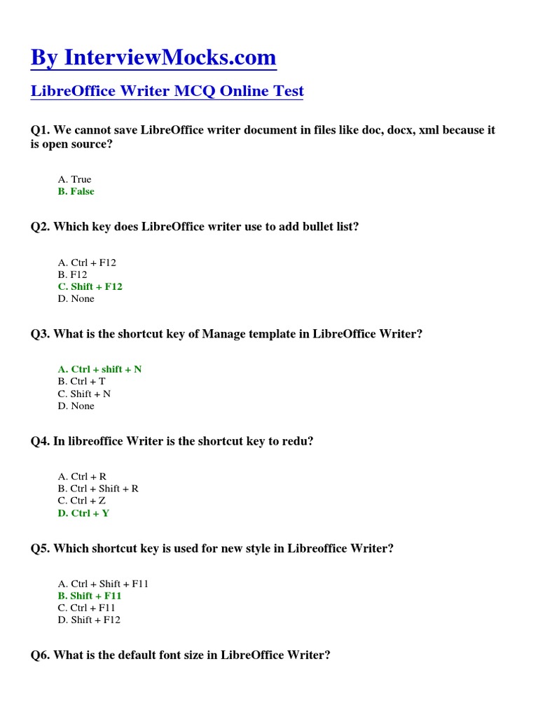 Libreoffice Writer MCQ | PDF | Keyboard Shortcut | Software