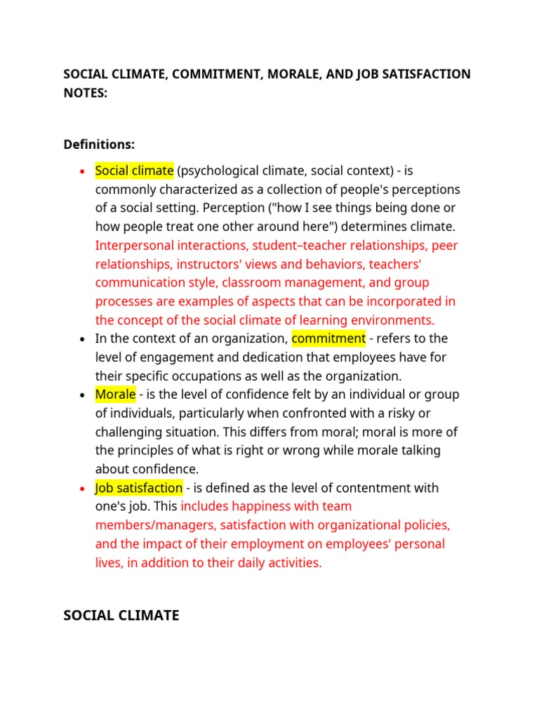 Social Climate, Commitment, Morale, and Job Satisfaction NOTES | PDF ...