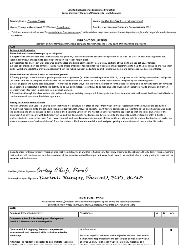 Okeefe Courtney Self-Care Final Eval Spring 2022 | PDF | Mentorship | Learning