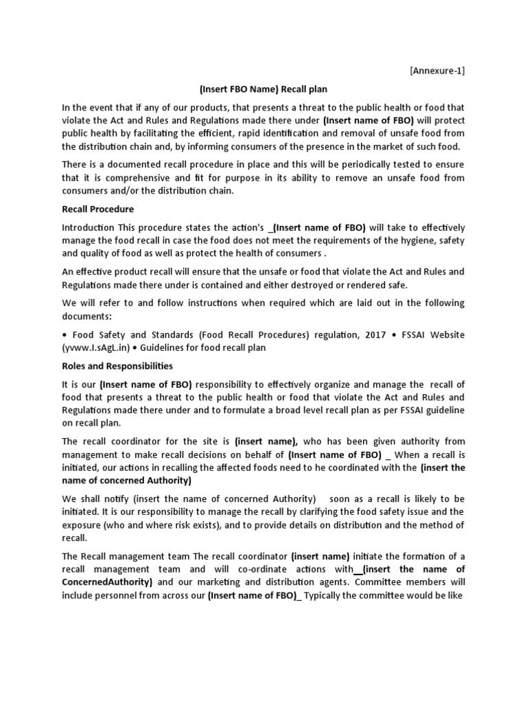 FSSAI Food Recall Plan Sample Template Free PDF File | Download Free ...