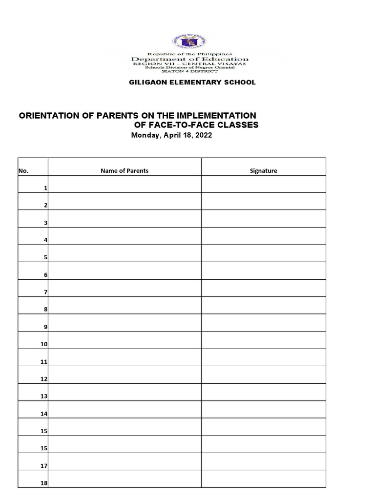 Orientation of Parents Attendance | PDF
