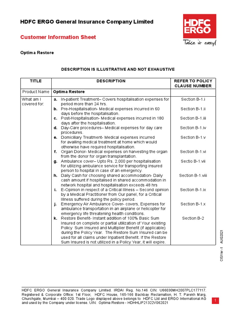 Customer Information Sheet: HDFC ERGO General Insurance Company Limited ...