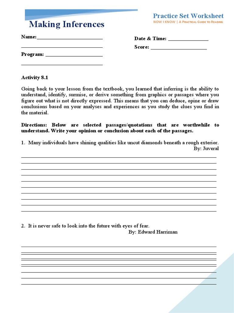 NEW UGE 1 Practice Set Worksheet 3making Inference | PDF | Cognition