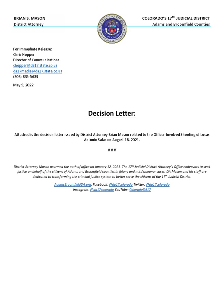 Officer-Involved Shooting Decision Letter | PDF | Burden Of Proof (Law ...