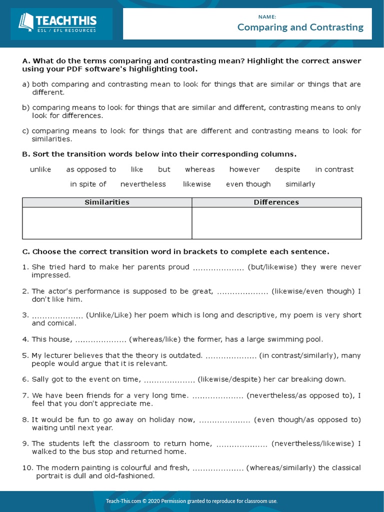 Comparing and Contrasting Interactive Worksheet | PDF | Language Arts ...