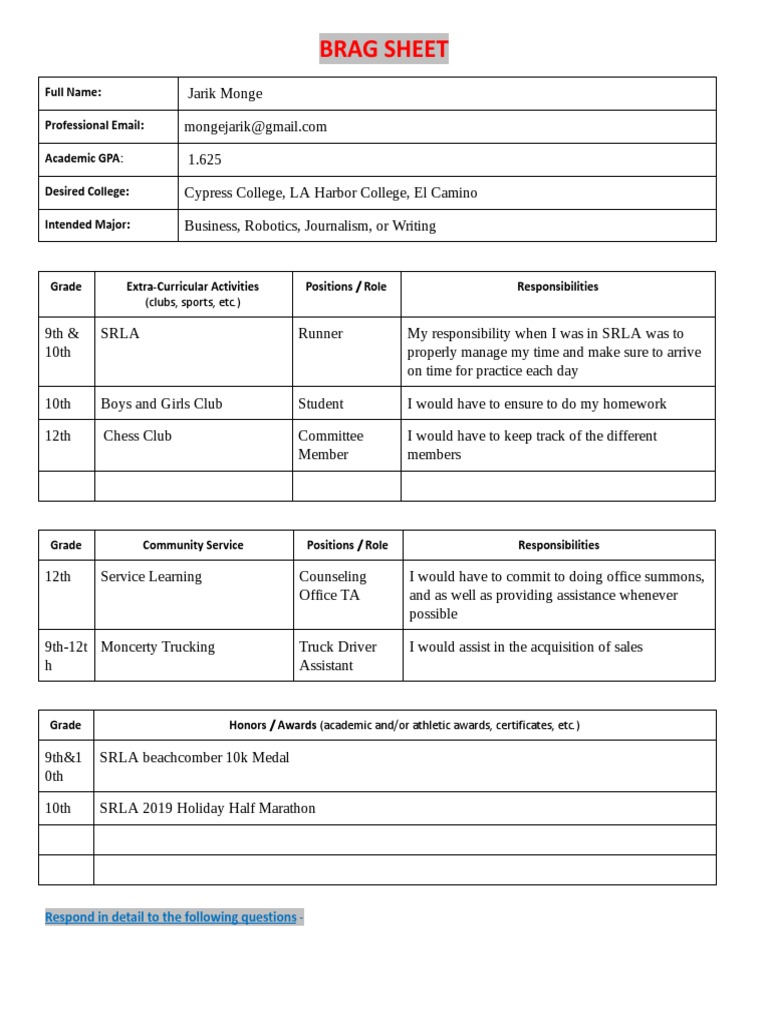 Brag Sheet Template | PDF | Cognition | Behavior Modification