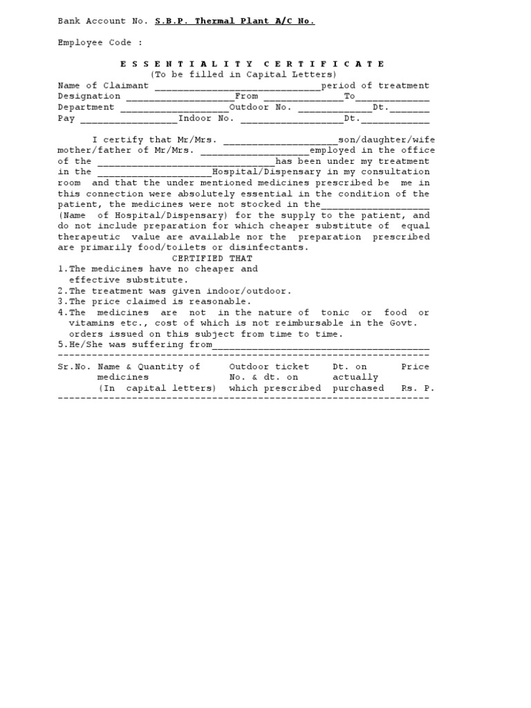 Essentiality Certificate | Download Free PDF | Medical Prescription | Wife