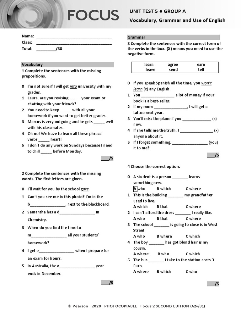 Unit Test 5 Group A Vocabulary, Grammar and Use of English | PDF ...