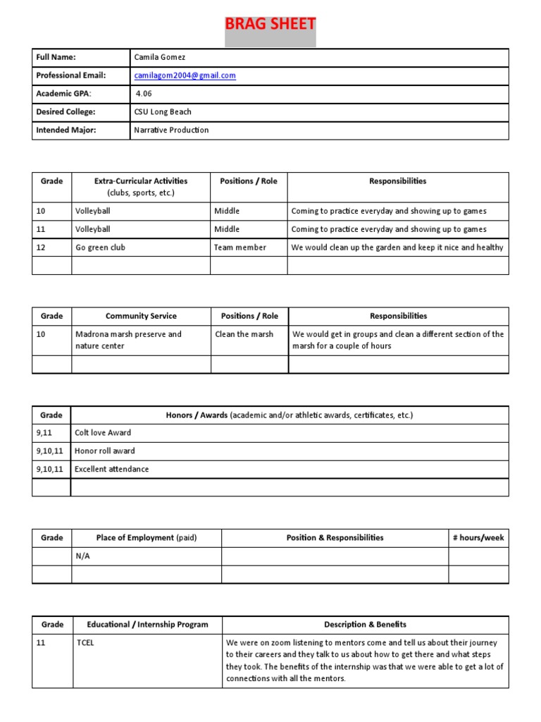 Brag Sheet Template New | PDF