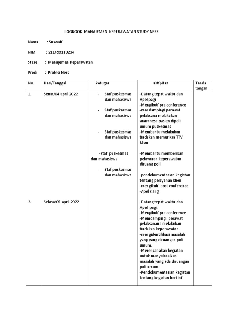 Logbook Manajemen Keperawatan Study Ners | PDF