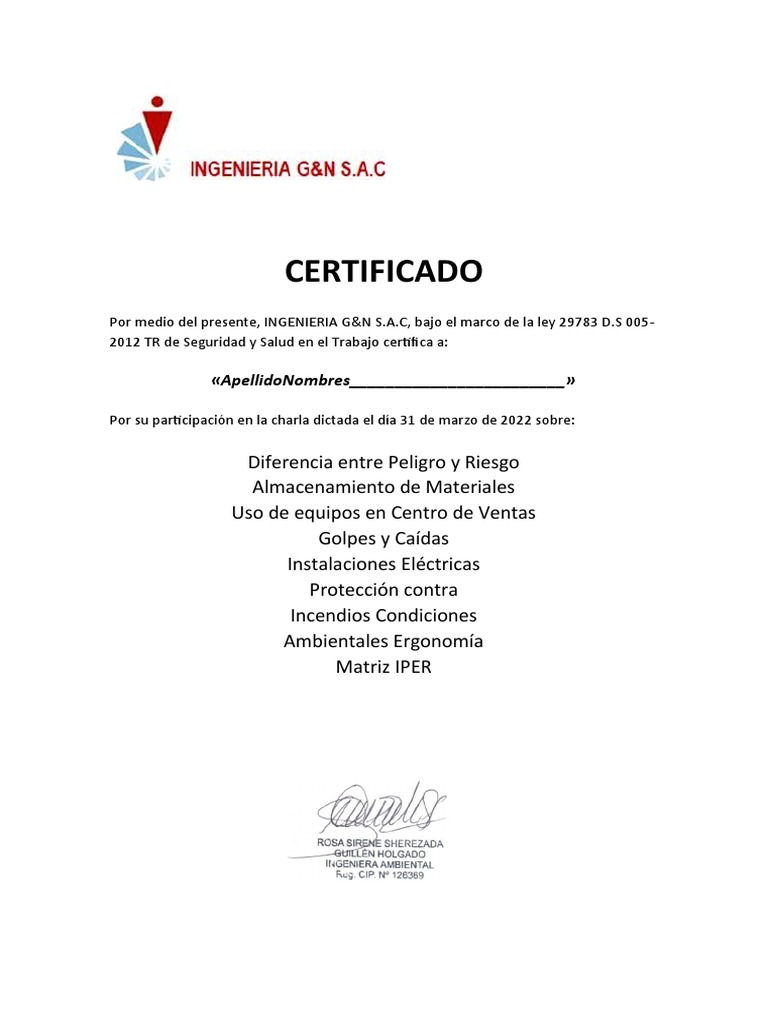 Certificado de Charla SST | PDF