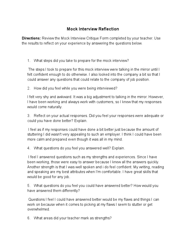 Lesson 9 Mock Interview Reflection | PDF | Interview | Cognition