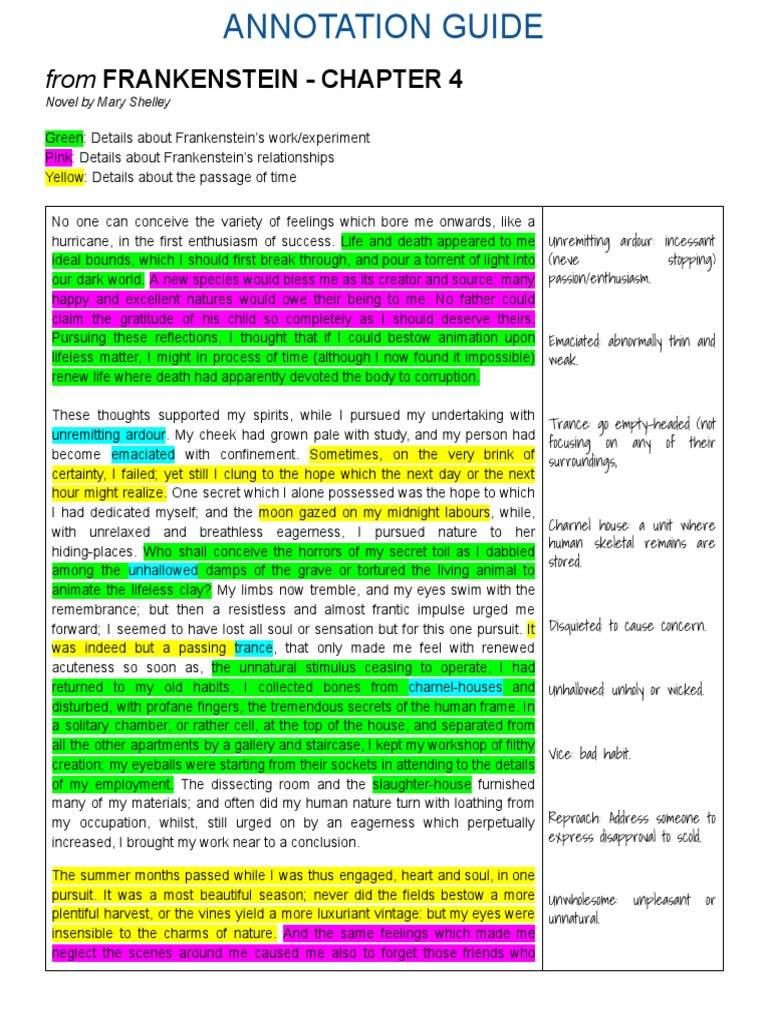 Excerpt From Chapter 4 of Shelley's Frankenstein - Annotation Guide ...