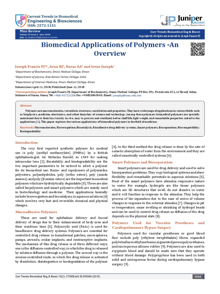 Biomedical Applications of Polymers - An: Mini Review | PDF | Polymers ...