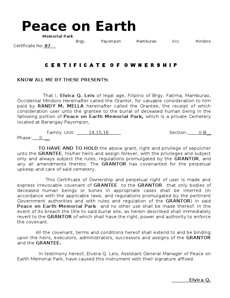 Peace On Earth: Certificate of Ownership | PDF | Covenant (Law ...