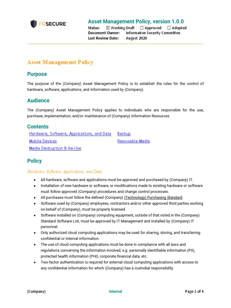 Company Asset Management Policy 1.0 | PDF | Backup | Computing