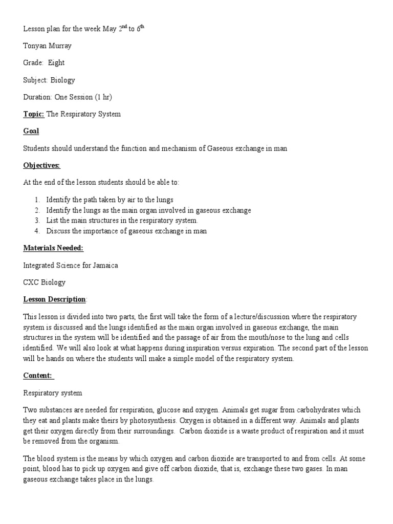 Understanding the Mechanism of Gaseous Exchange: A Lesson Plan on the ...