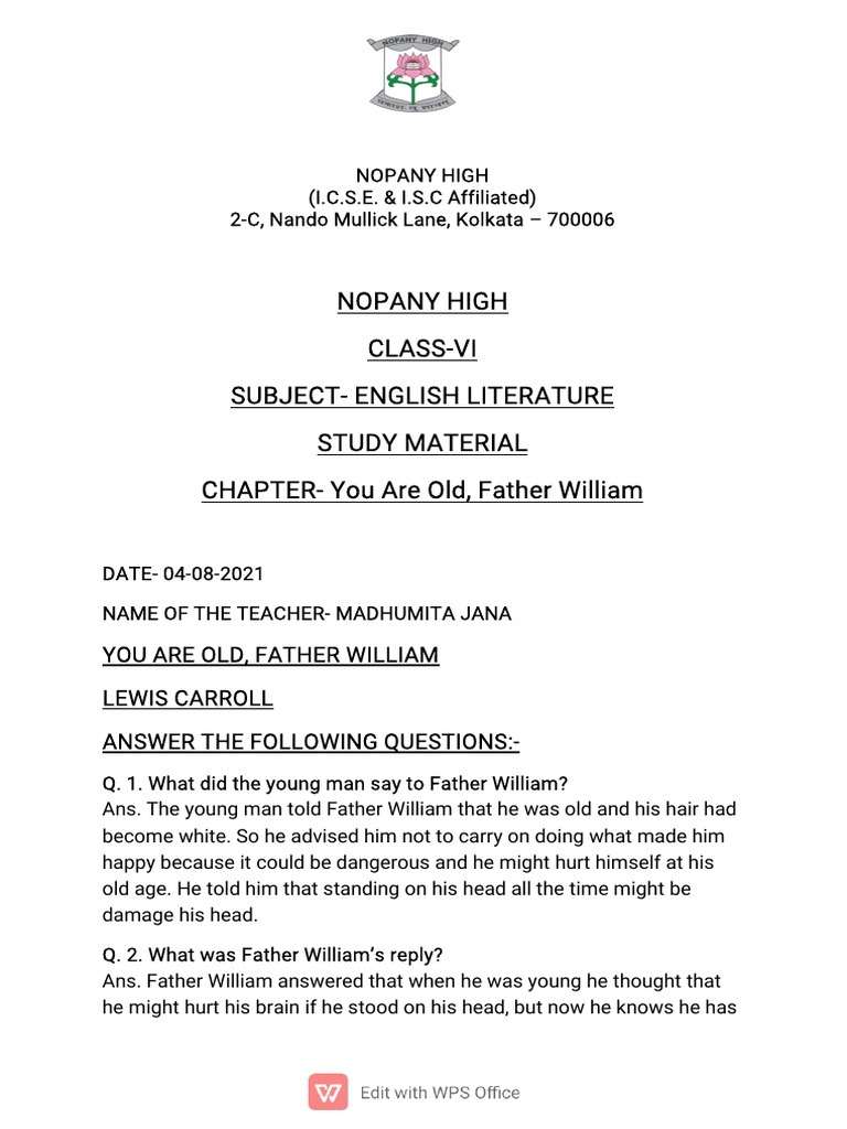 English Literature - You Are Old, Father William - Solved Questions and ...