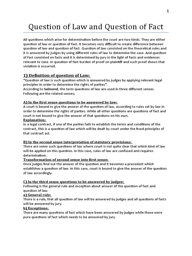 Question of Law and Question of Fact | PDF | Question Of Law | Evidence ...