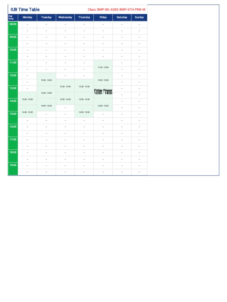 IUB Time Table: Class: Bwp-Bs - Ages - BWP - 6Th - FRW - M | PDF