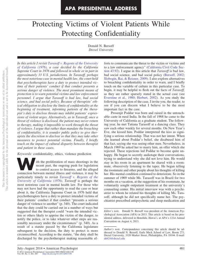 Tarasoff Case | PDF | Psychotherapy | Confidentiality