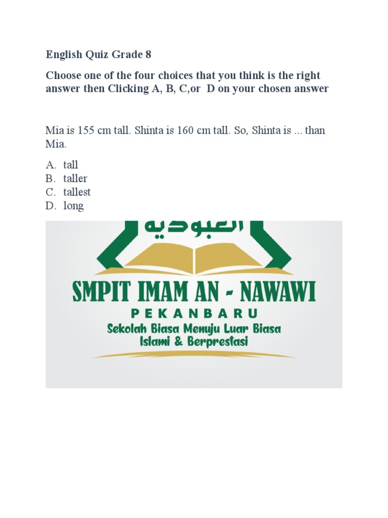 English Quiz Grade 8 | PDF