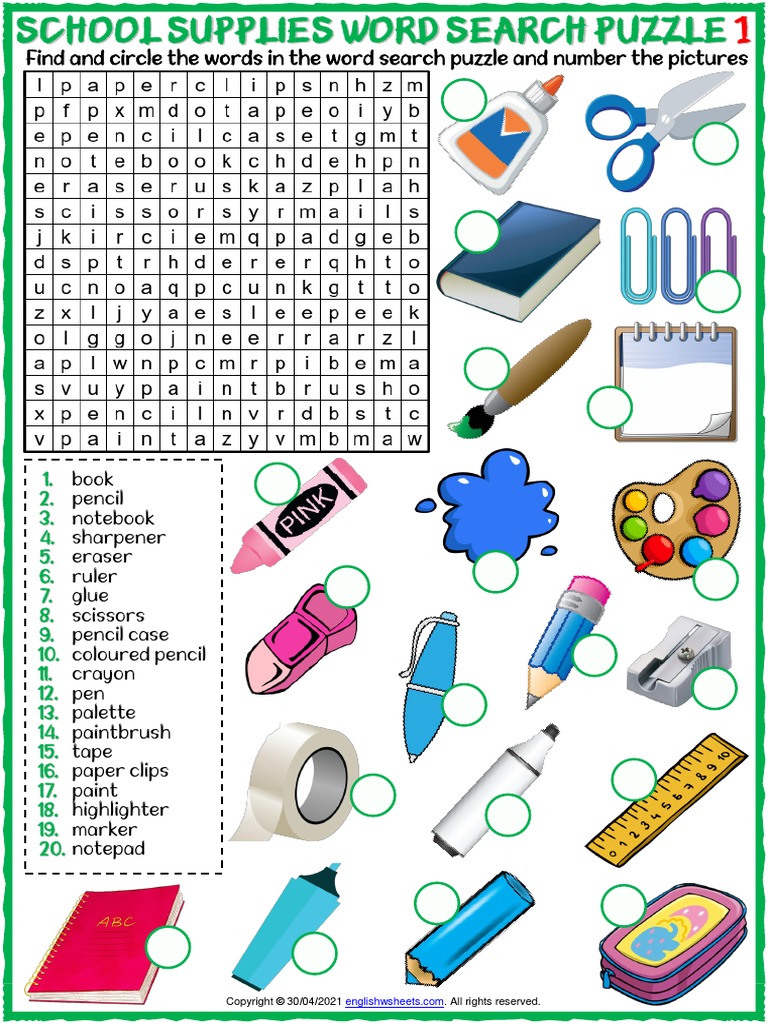 School Supplies Vocabulary Esl Word Search Puzzle Worksheets For Kids ...