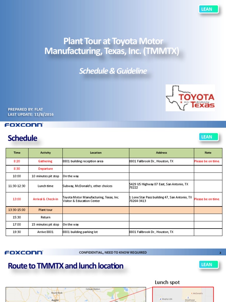 2016 Toyota Plant Tour - Schedule & Guideline | PDF