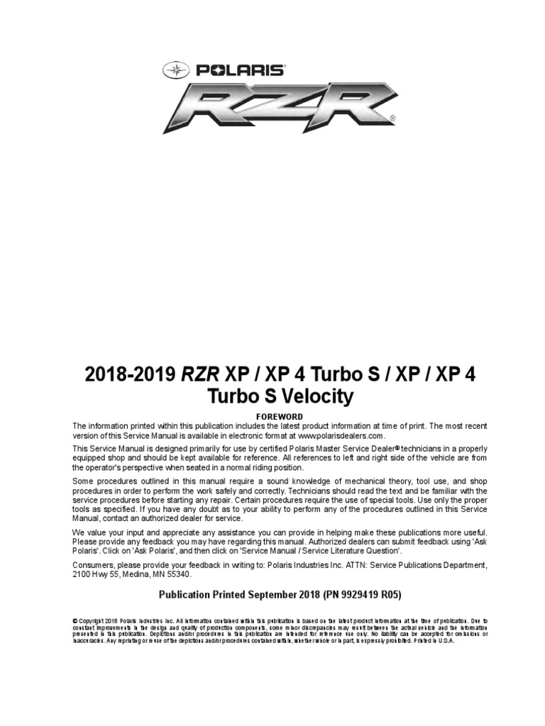2018-2019 RZR Turbo S | PDF | Screw | Transmission (Mechanics)