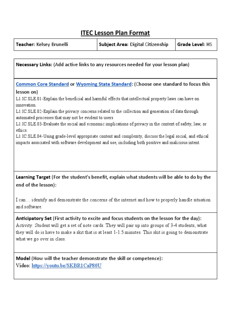 22 Itec Lesson Plan Format-Digital Citizenship | PDF | Lesson Plan | Teachers
