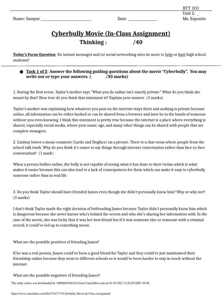 Cyberbully Movie Analysis Assignment | PDF | Cyberbullying | Bullying