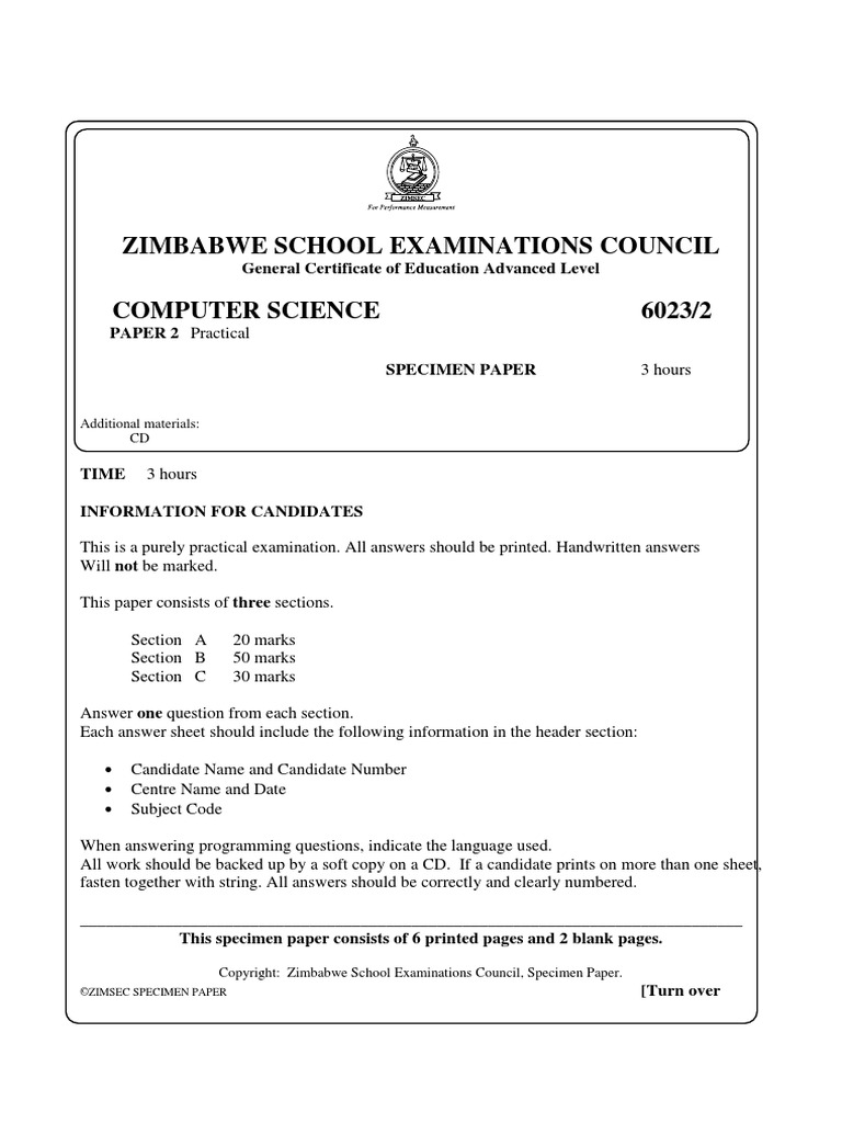 Zimbabwe School Examinations Council: General Certificate of Education ...