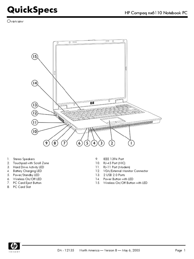 HP Nx6110 Specs | PDF | Cd Rom | Laptop