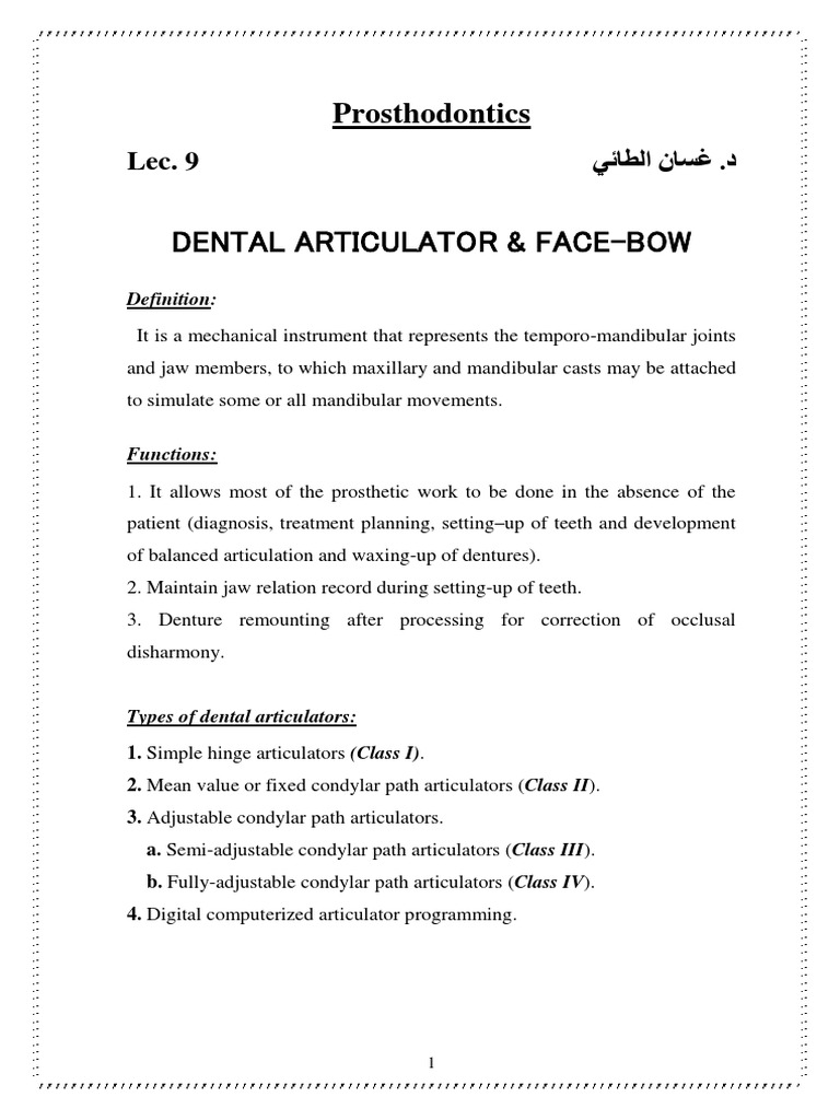 Dental Articulators and Face-Bow Overview | PDF | Dentistry Branches