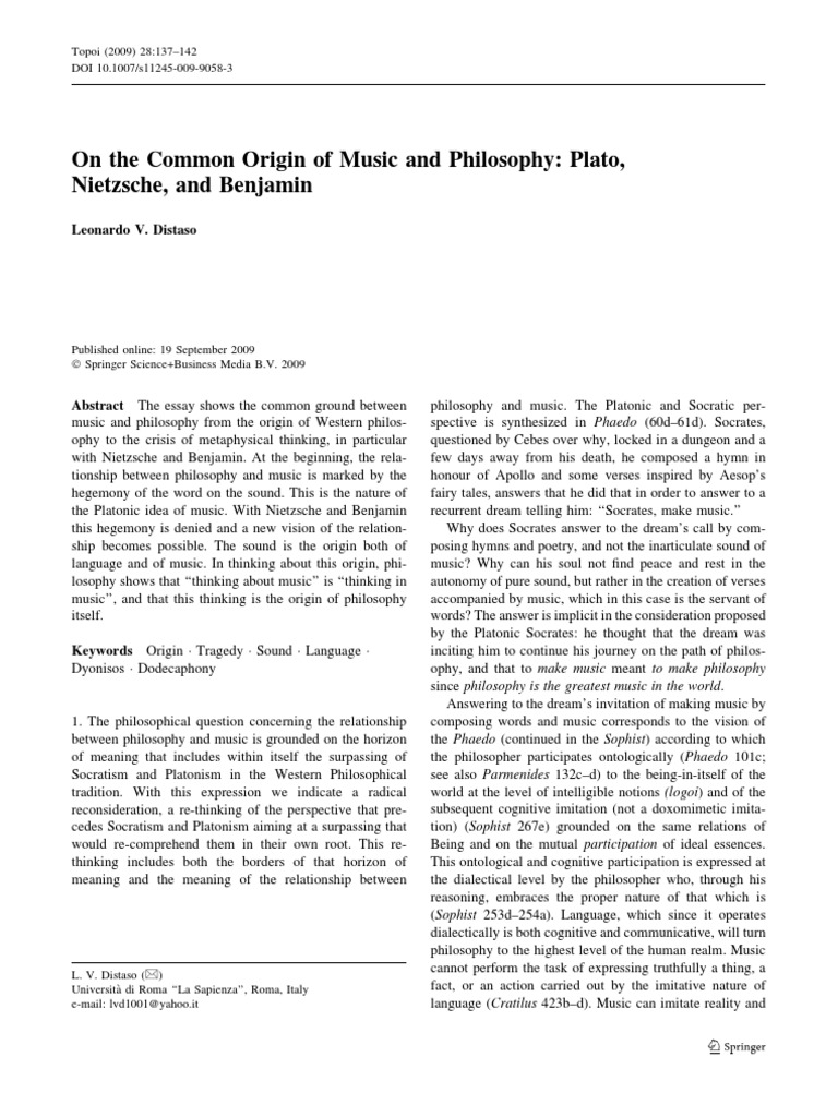 On The Common Origin of Music and Philosophy: Plato, Nietzsche, and ...