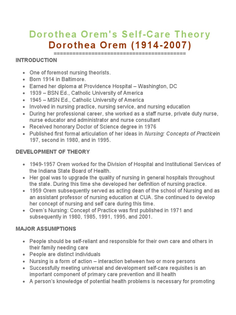 Dorothea Orem's Self-Care Theory | PDF | Nursing | Theory