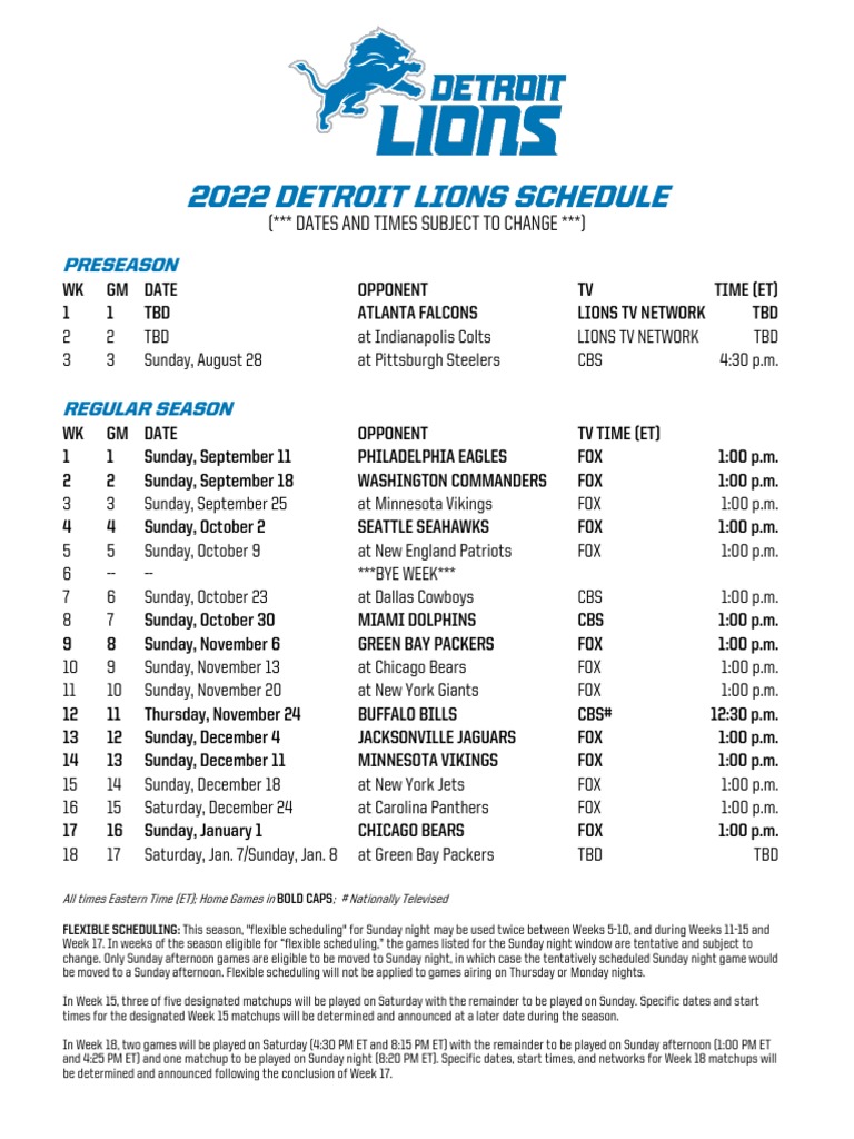 2022 Detroit Lions Schedule | PDF | Sports | National Football League Teams