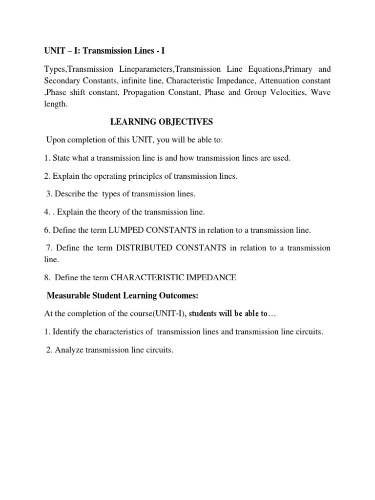 UNIT - I: Transmission Lines - I | PDF | Transmission Line | Coaxial Cable