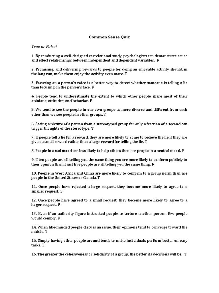 Common Sense Quiz | PDF | Aggression | Interpersonal Attraction