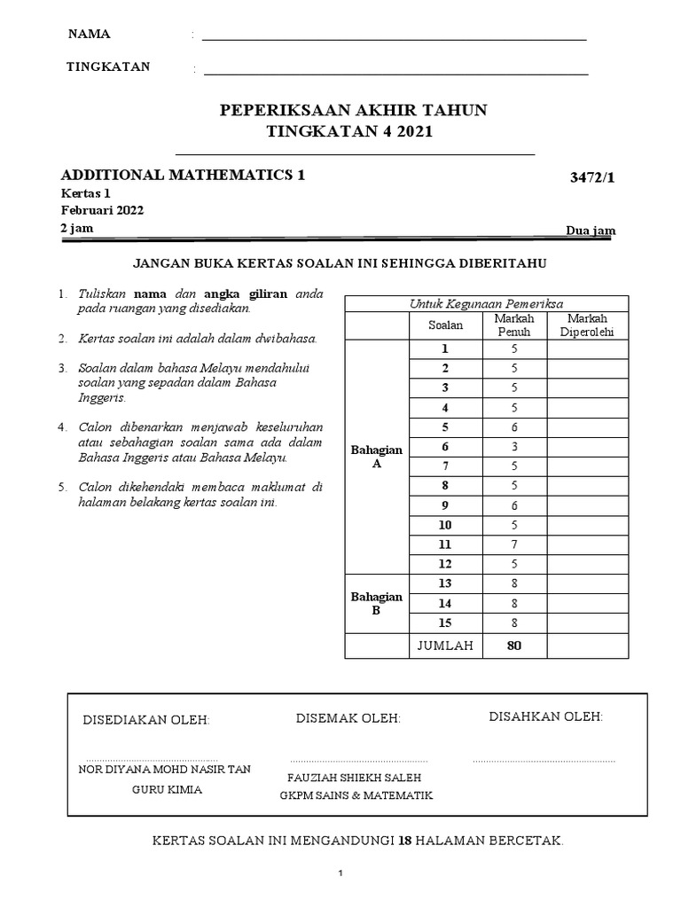 Add Math K1 Akhir Tahun 2021 | PDF