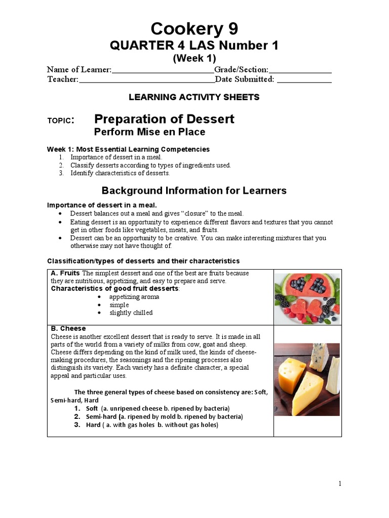 COOKERY 9 Quarter 4 LAS Number 1 | PDF | Pudding | Desserts