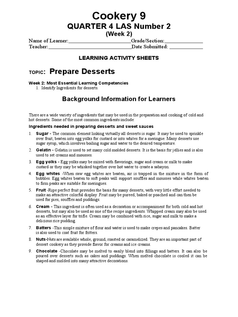 COOKERY 9 Quarter 4 LAS Number 2 | PDF | Desserts | Chocolate