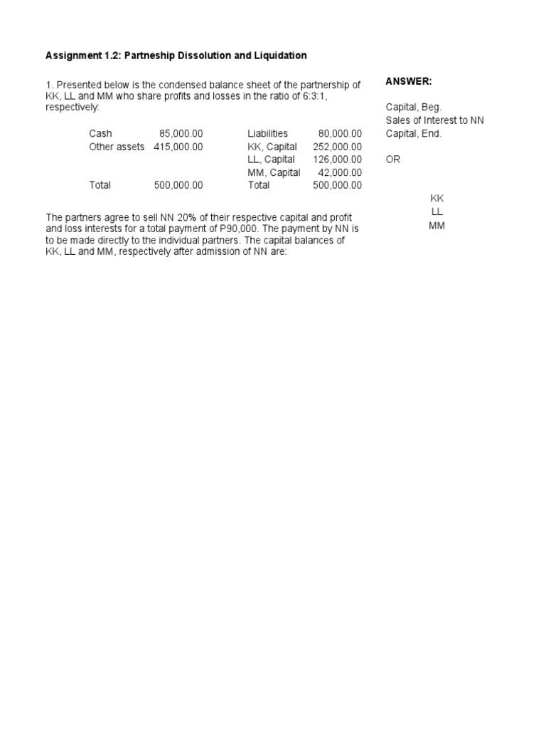 Assignment 1.2: Partneship Dissolution and Liquidation Answer | PDF | Equity (Finance) | Balance ...