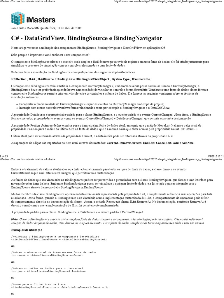C# - Data Grid View, Binding Source e Binding Navigator | PDF | C Sharp (linguagem de ...