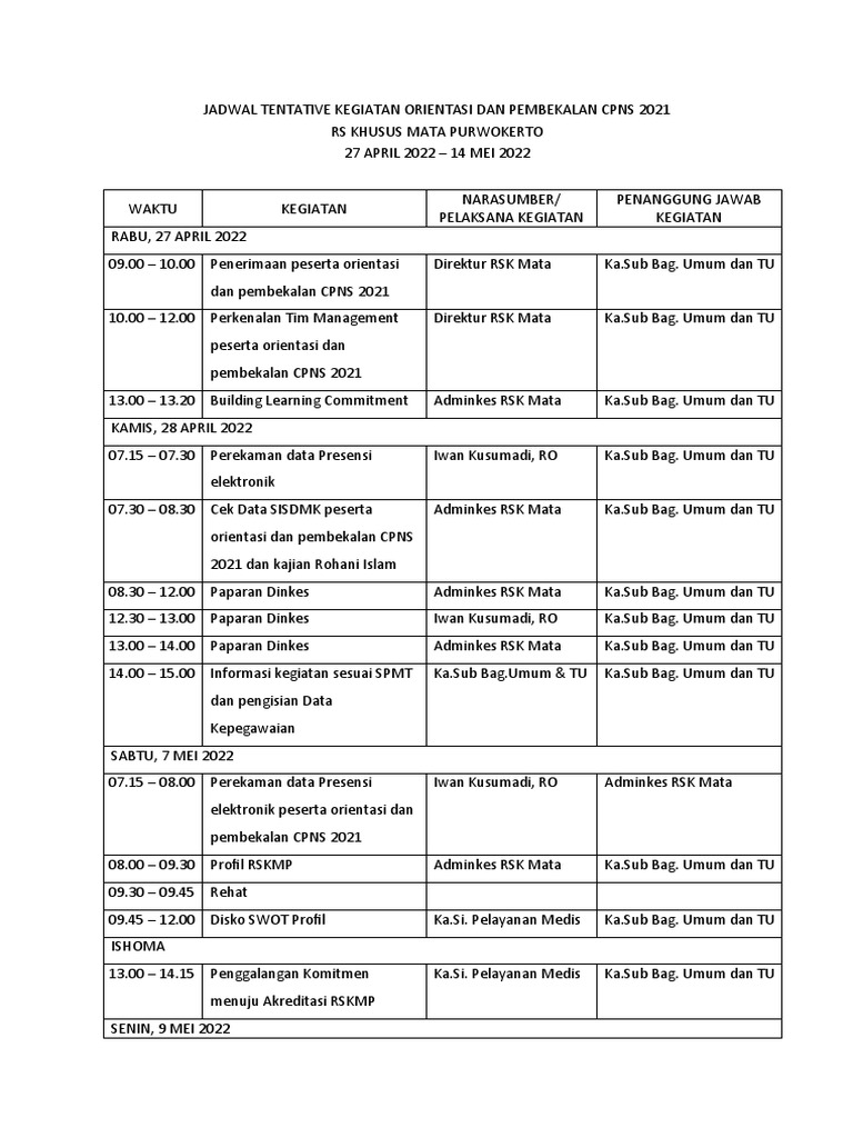 Jadwal Orientasi in Class | PDF