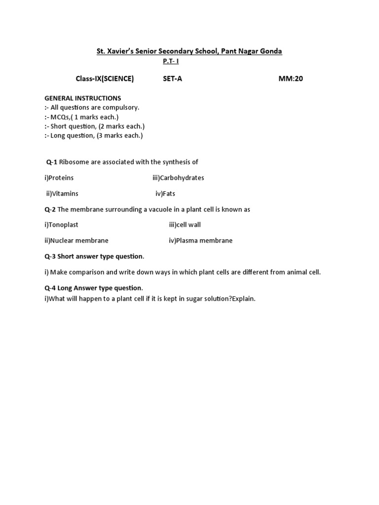 St. Xavier's Senior Secondary School, Pant Nagar Gonda Class-Ix (Science) Set-A Mm:20 | PDF ...