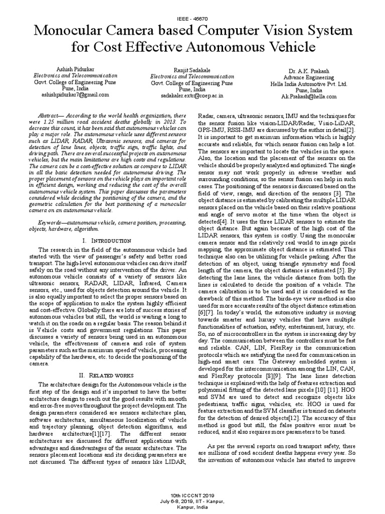 Monocular Camera Based Computer Vision System For Cost Effective ...